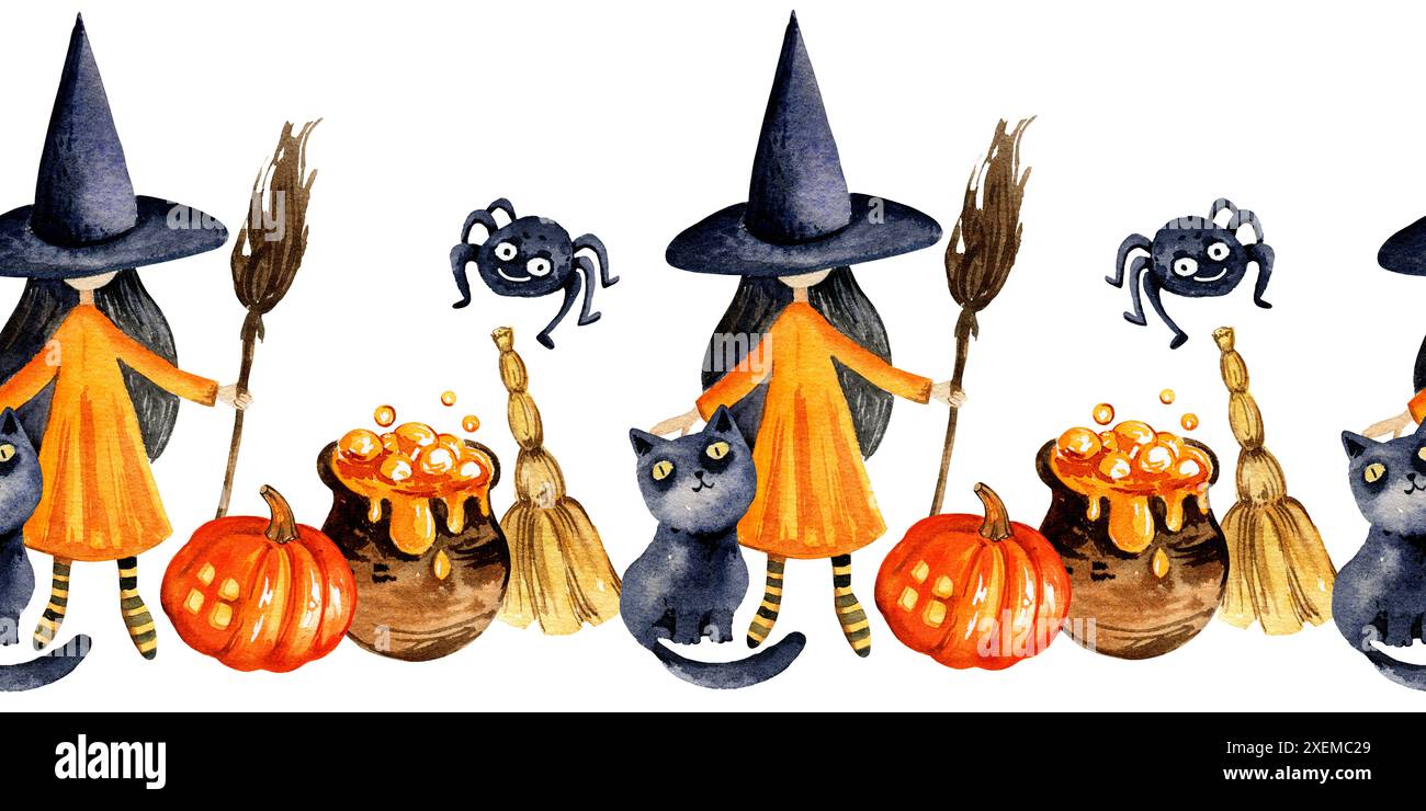 watercolor seamless border of Halloween theme with cartoon witch ...