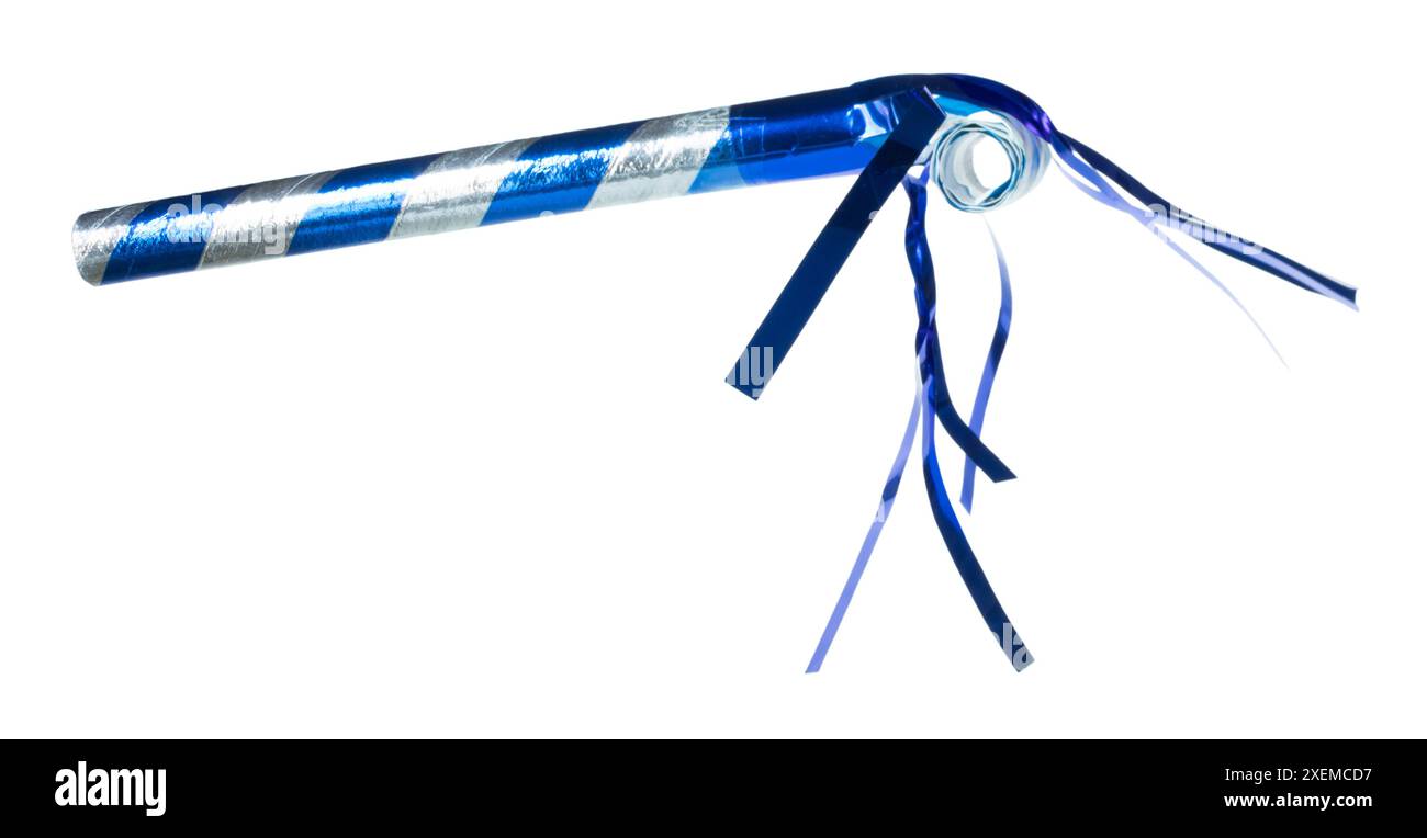 Noisemaker for celebrations with foil looking streamers and blue and ...
