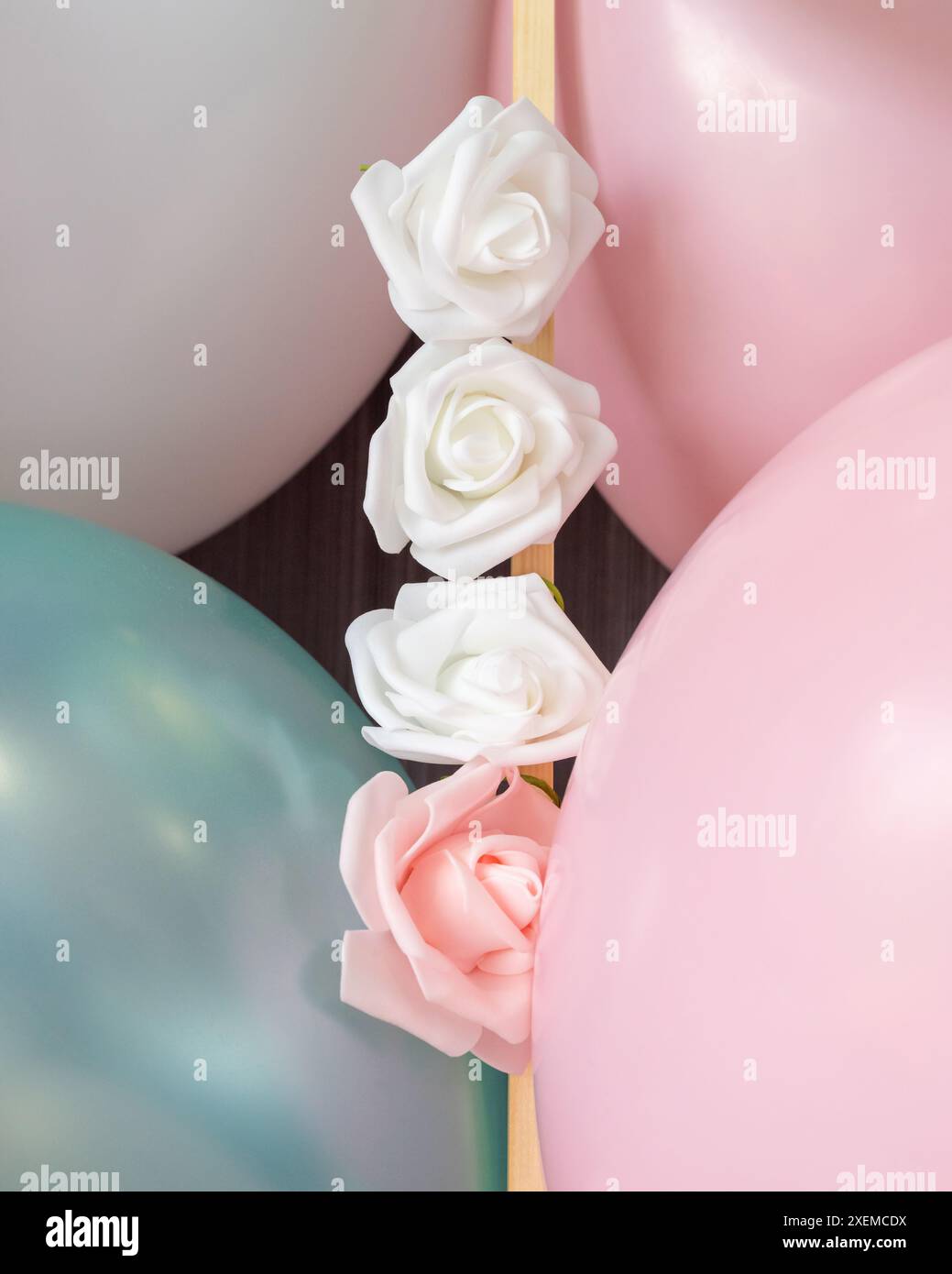colored balloons, white and pink roses. Postcard, congratulations ...