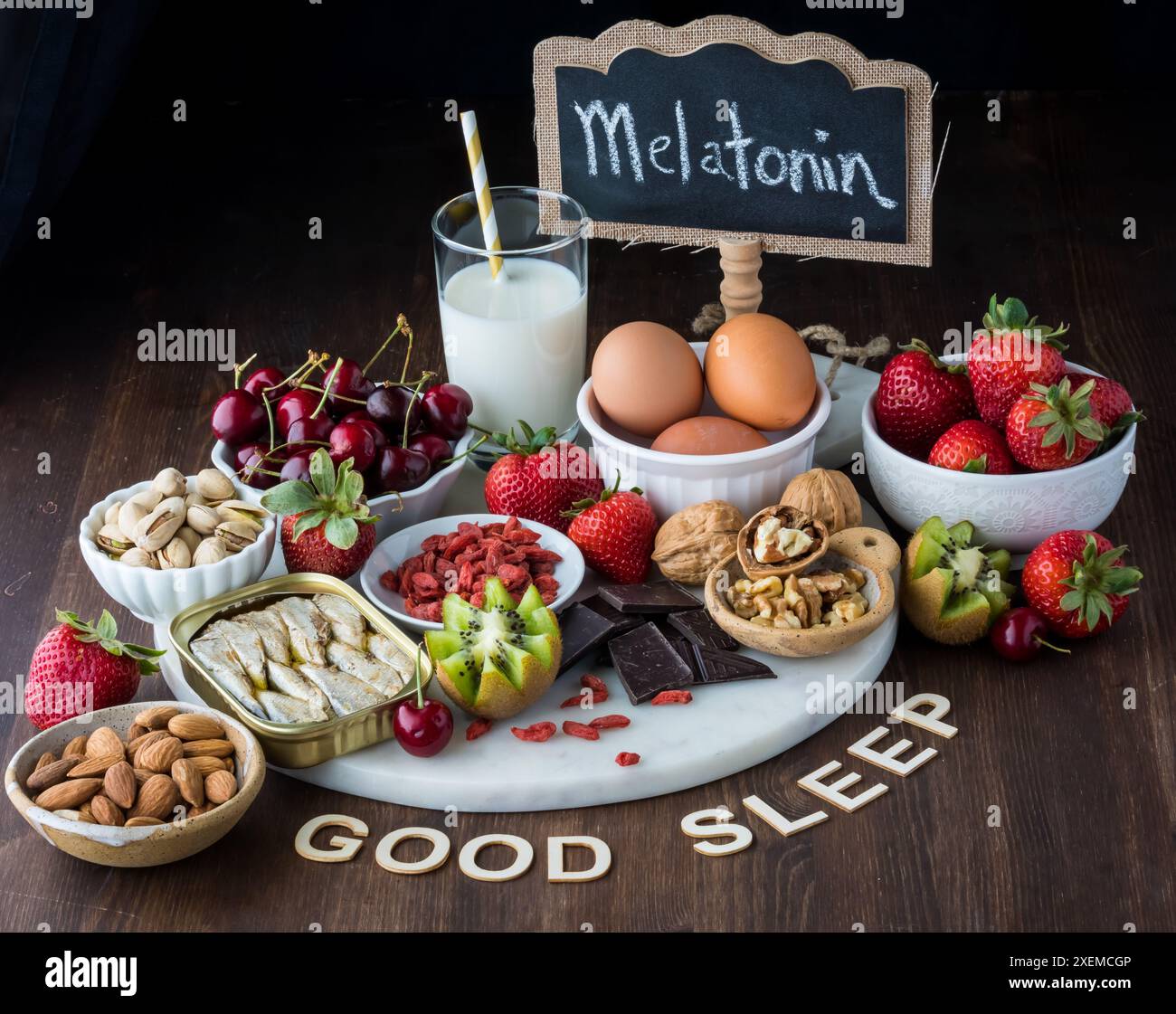 An assortment of fresh foods that are high in melatonin for good sleep ...