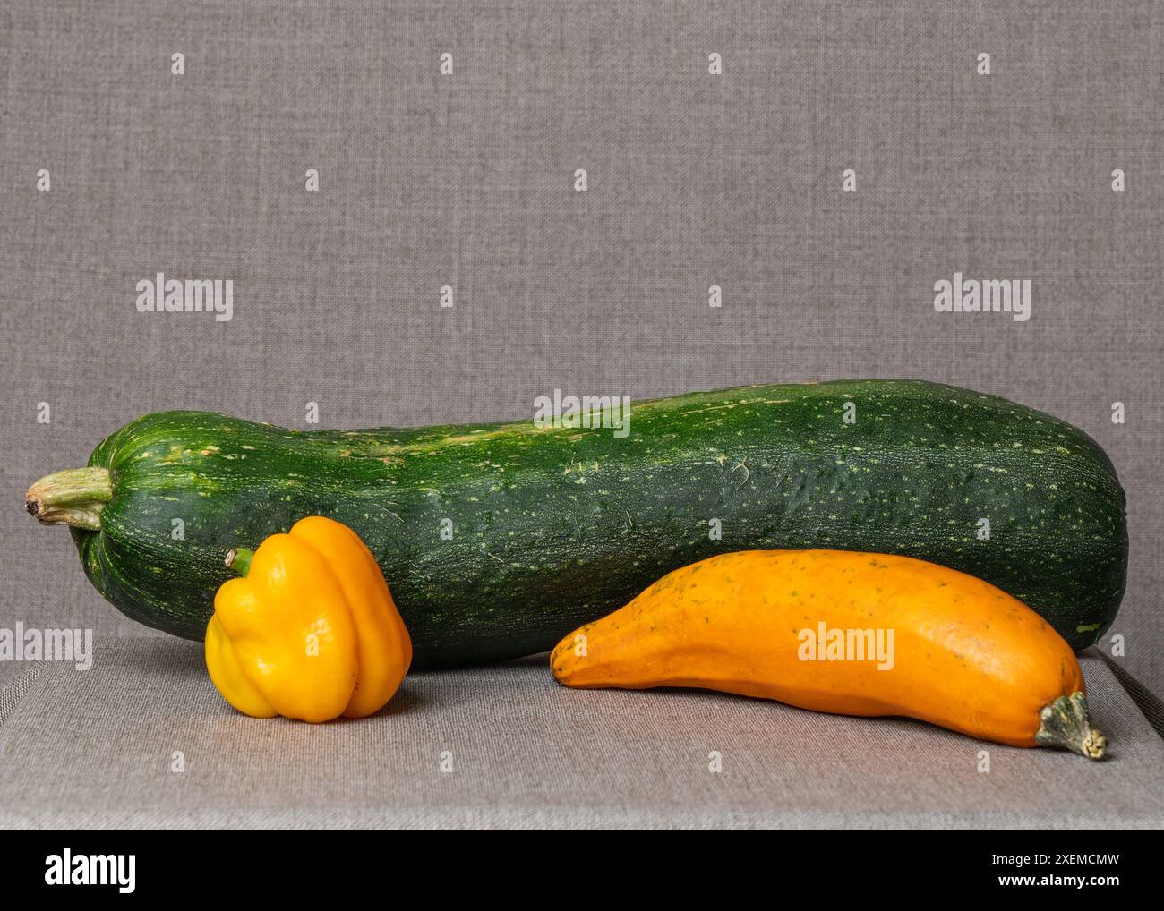 Big green zucchini, yellow zucchini, yellow pepper, paprika on a gray ...