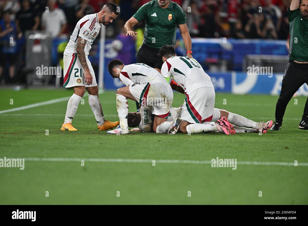 STUTTGART, GERMANY - JUNE 23: Barnabas Varga of Hungary goes down with ...