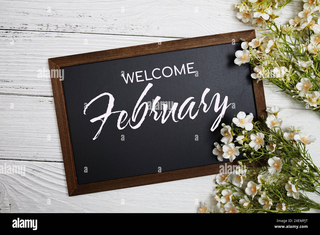 Welcome February text on chalkboard with flowers decoration top view on ...