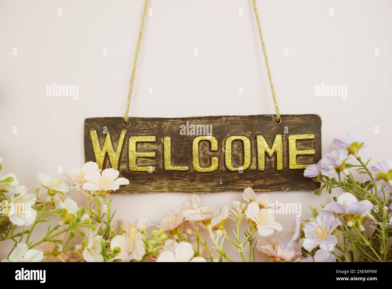 Welcome Sign with flowers frame decorate on pink background Stock Photo ...