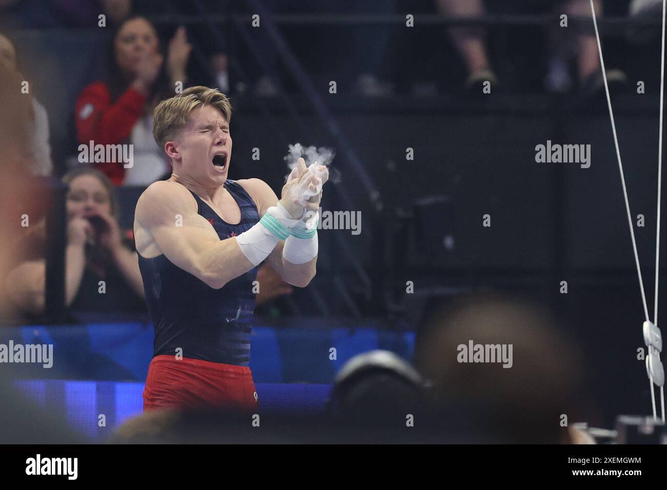 June 27, 2024: Gymnast Shane Wiskus celebrates his final routine during ...