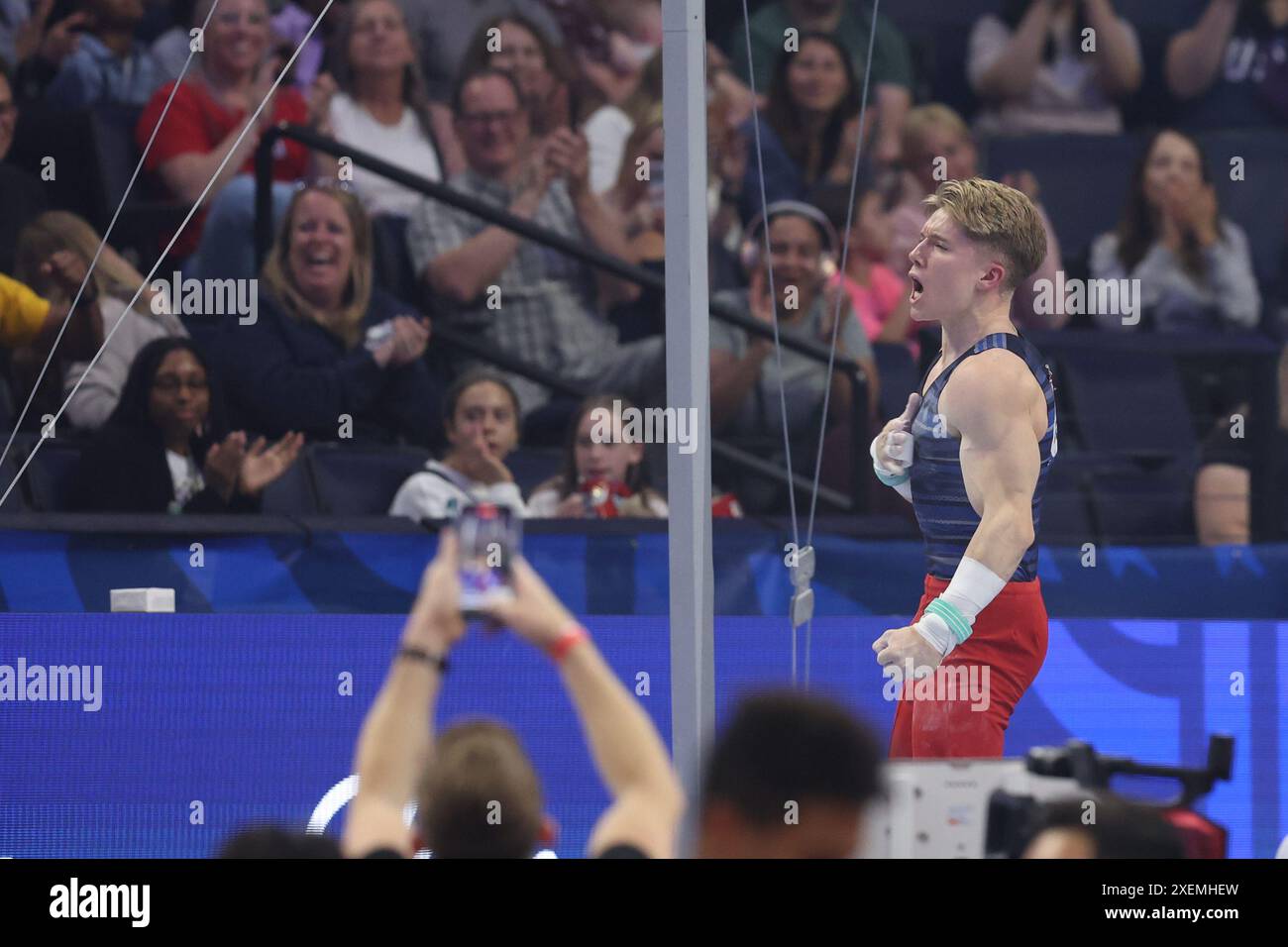 June 27, 2024: Gymnast Shane Wiskus celebrates his final routine during ...