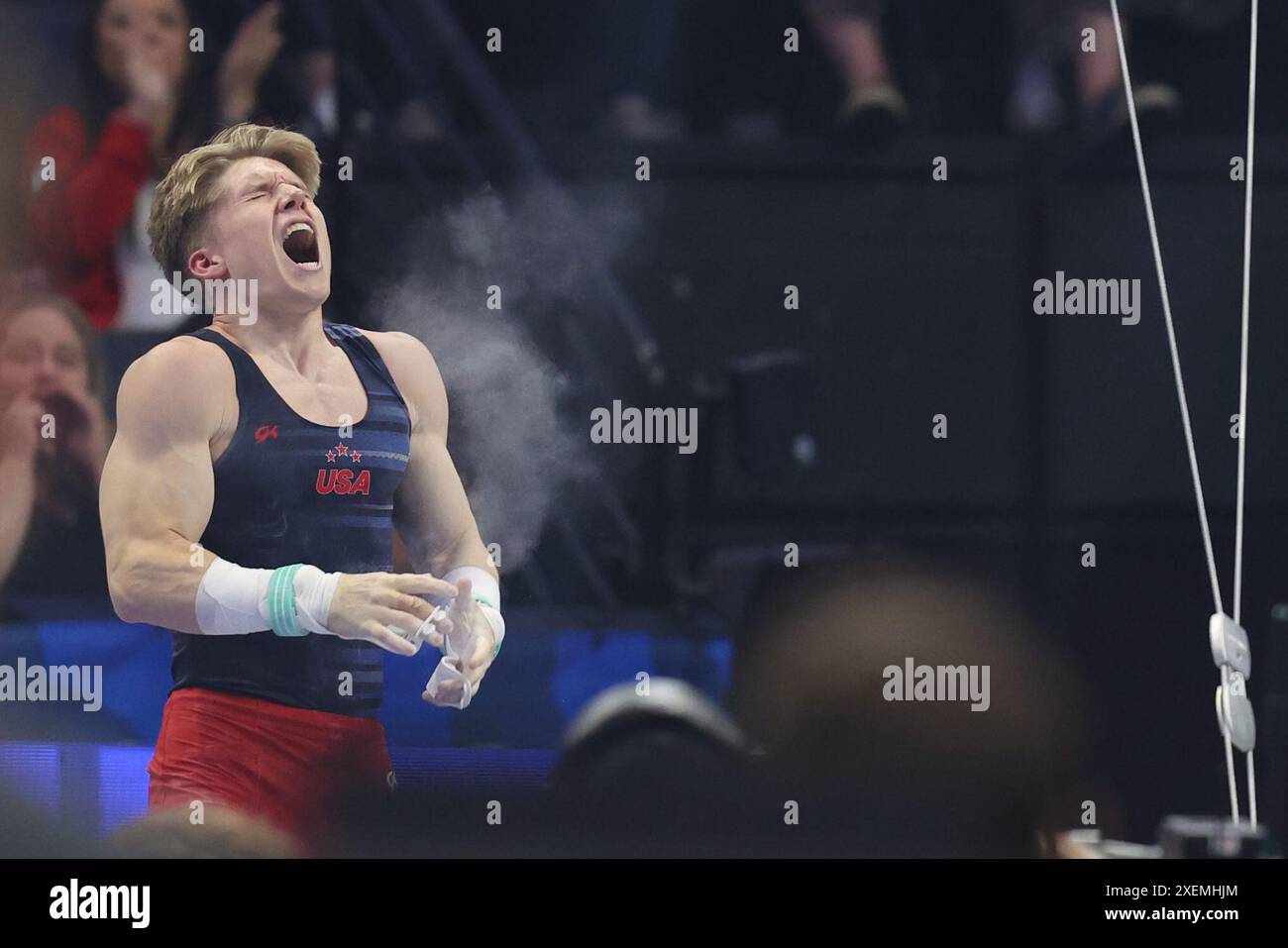 June 27, 2024: Gymnast Shane Wiskus celebrates his final routine during ...