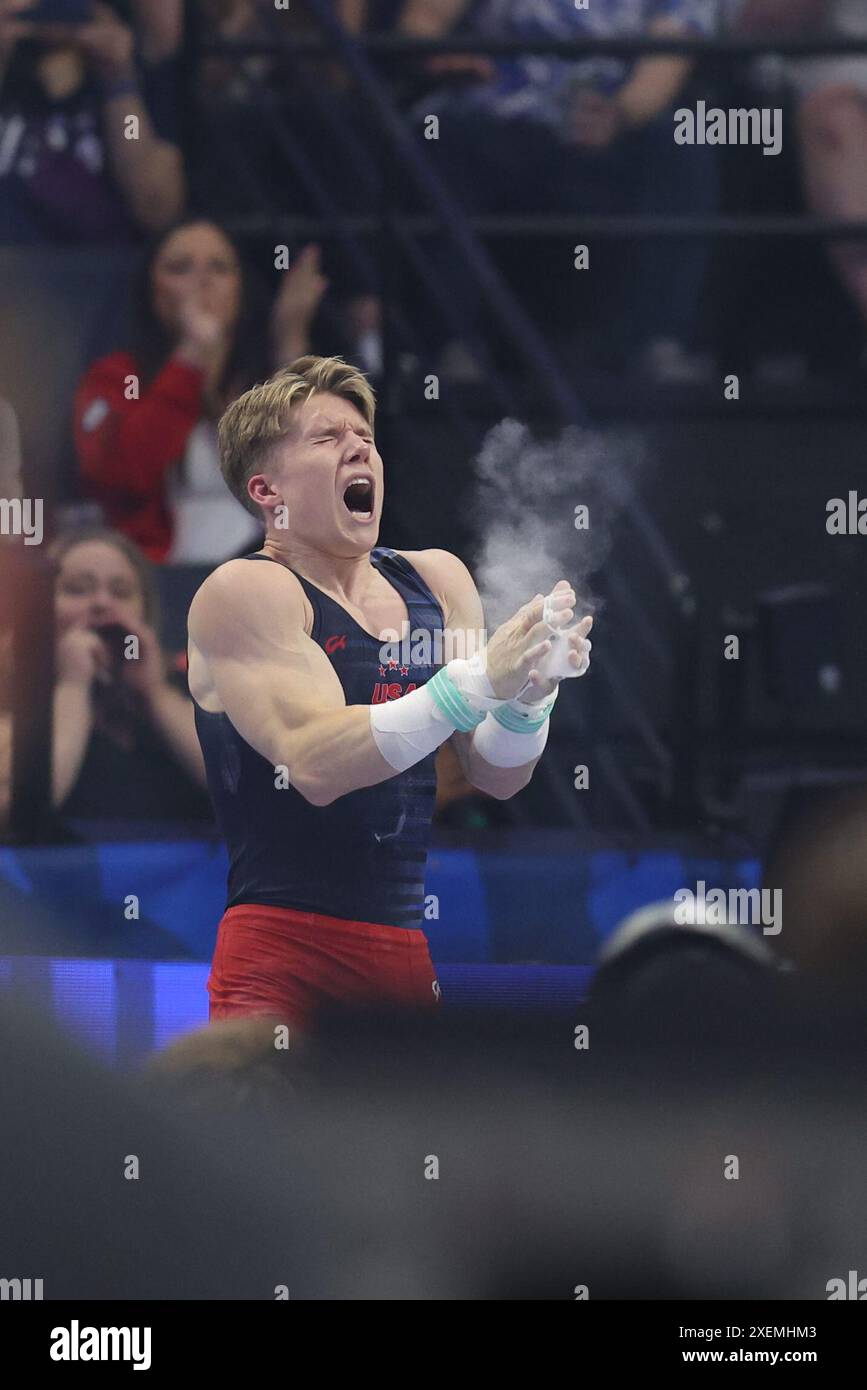 June 27, 2024: Gymnast Shane Wiskus celebrates his final routine during ...