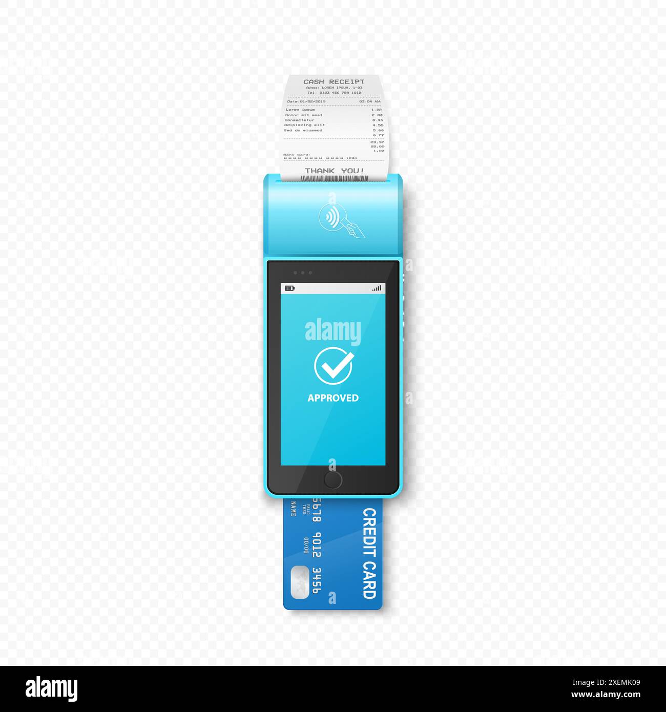 Vector 3D Realistic NFC Payment Terminal with Payment Receipt, Credit Card. Payment Machine ...