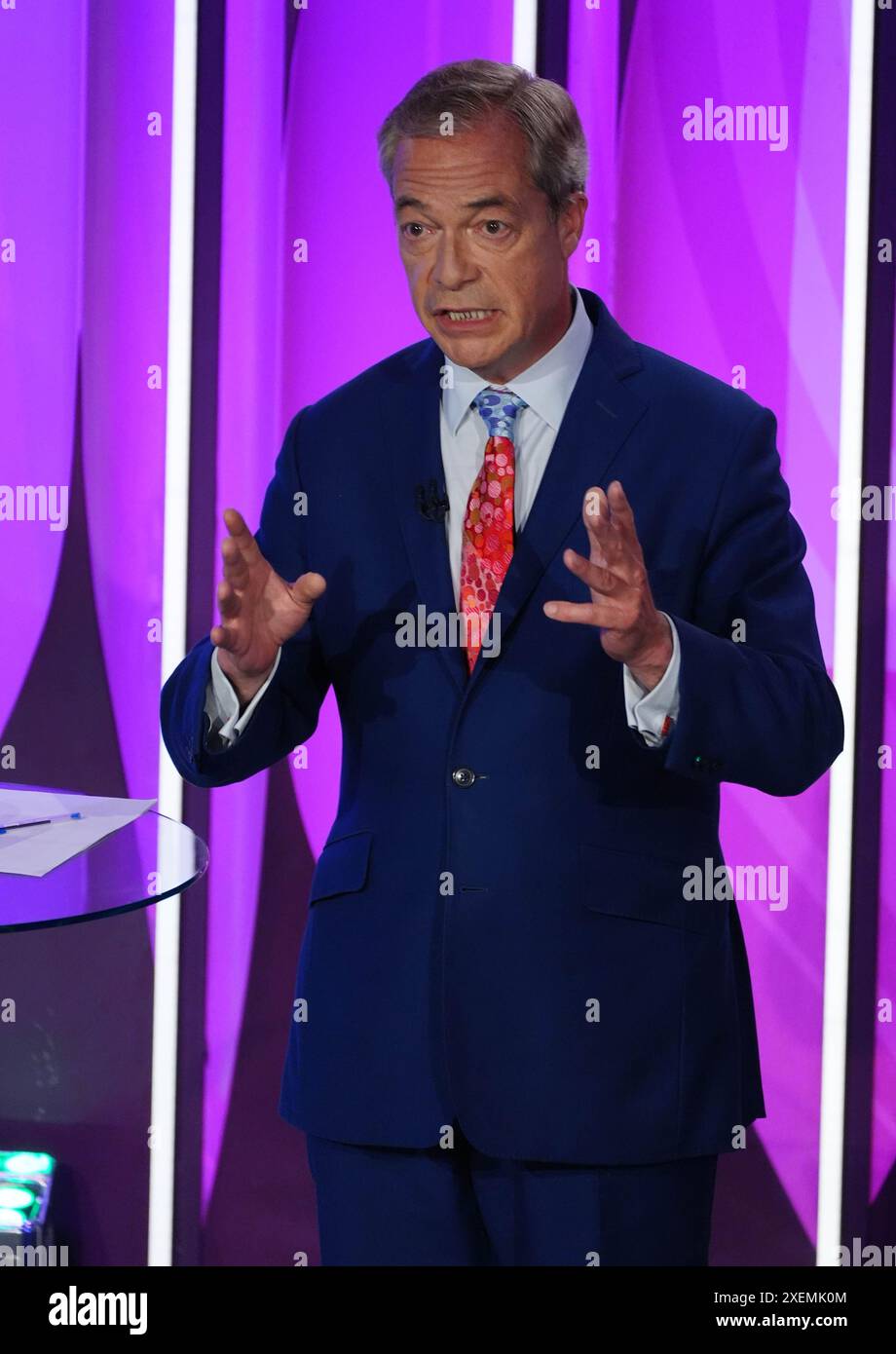 Reform UK Leader Nigel Farage speaking during a BBC Question Time ...