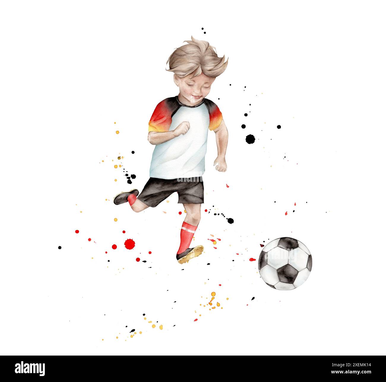 Football player young sportsman hand drawn with watercolor ball and red ...