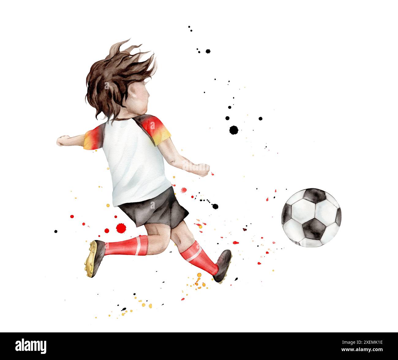 Football player young sportsman hand drawn with watercolor ball and red ...