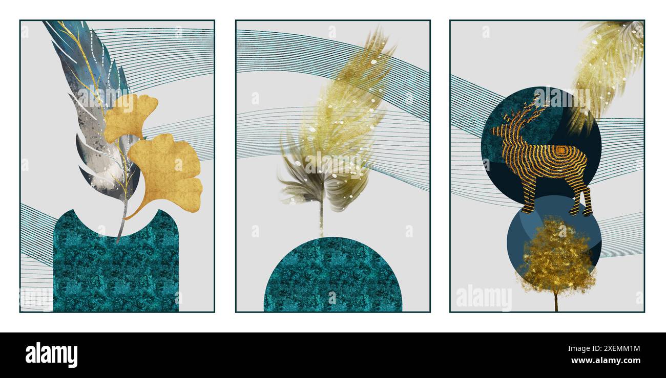 3d drawing art mural modern wall frame. golden, black feathers and circle with deer marble in ...