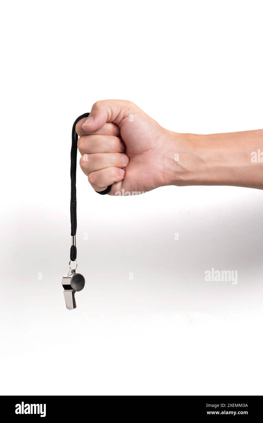 Hand with whistle isolated on white background Stock Photo - Alamy