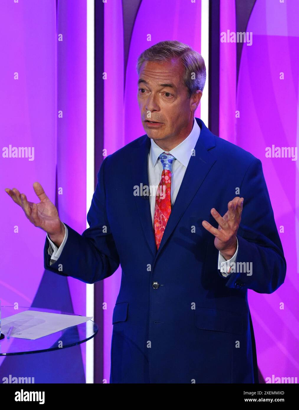 Reform UK Leader Nigel Farage speaking during a BBC Question Time ...