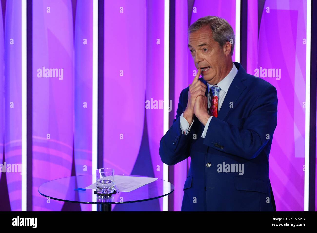 Reform UK Leader Nigel Farage speaking during a BBC Question Time ...