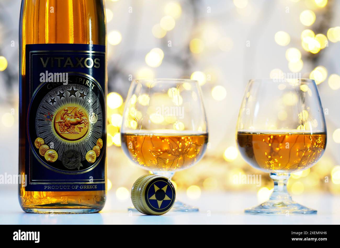 Passau, Germany - - June 28, 2024: Greek brandy Vitaxos seen at the bar ...