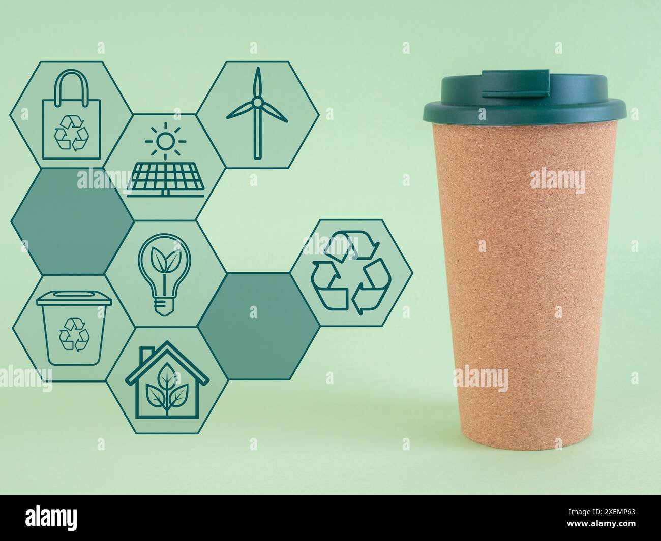 Reusable cup with a set of environmental icons inside hexagons Stock ...