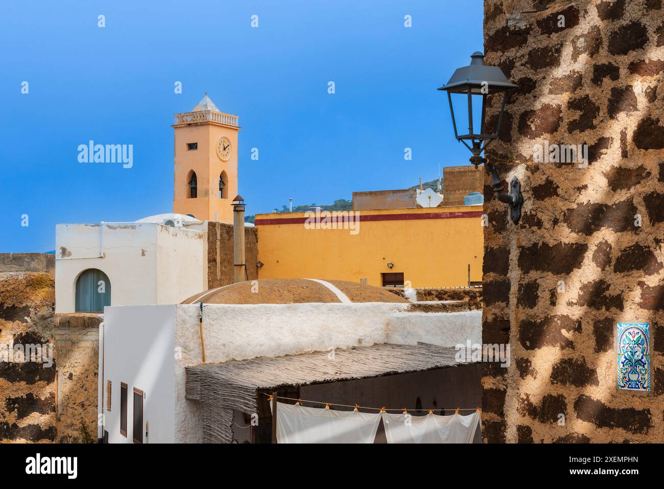 Clock tower and architectural details in Scauri village on the island ...