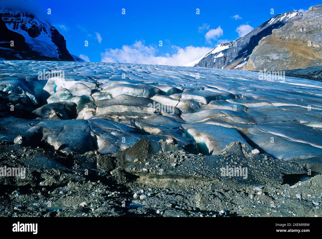 Surface level close-up view of the toe of the Athabasca Glacier in the ...