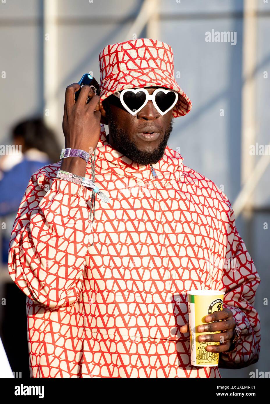 Glastonbury, UK. Day 3, 28 June 2024. Stormzy watches D-Block Europe on ...