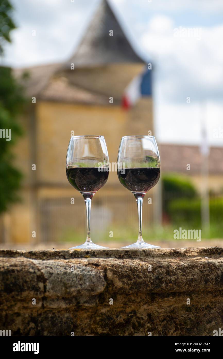 Glasses of french dry red wine in old wine domain on Graves vineyards ...