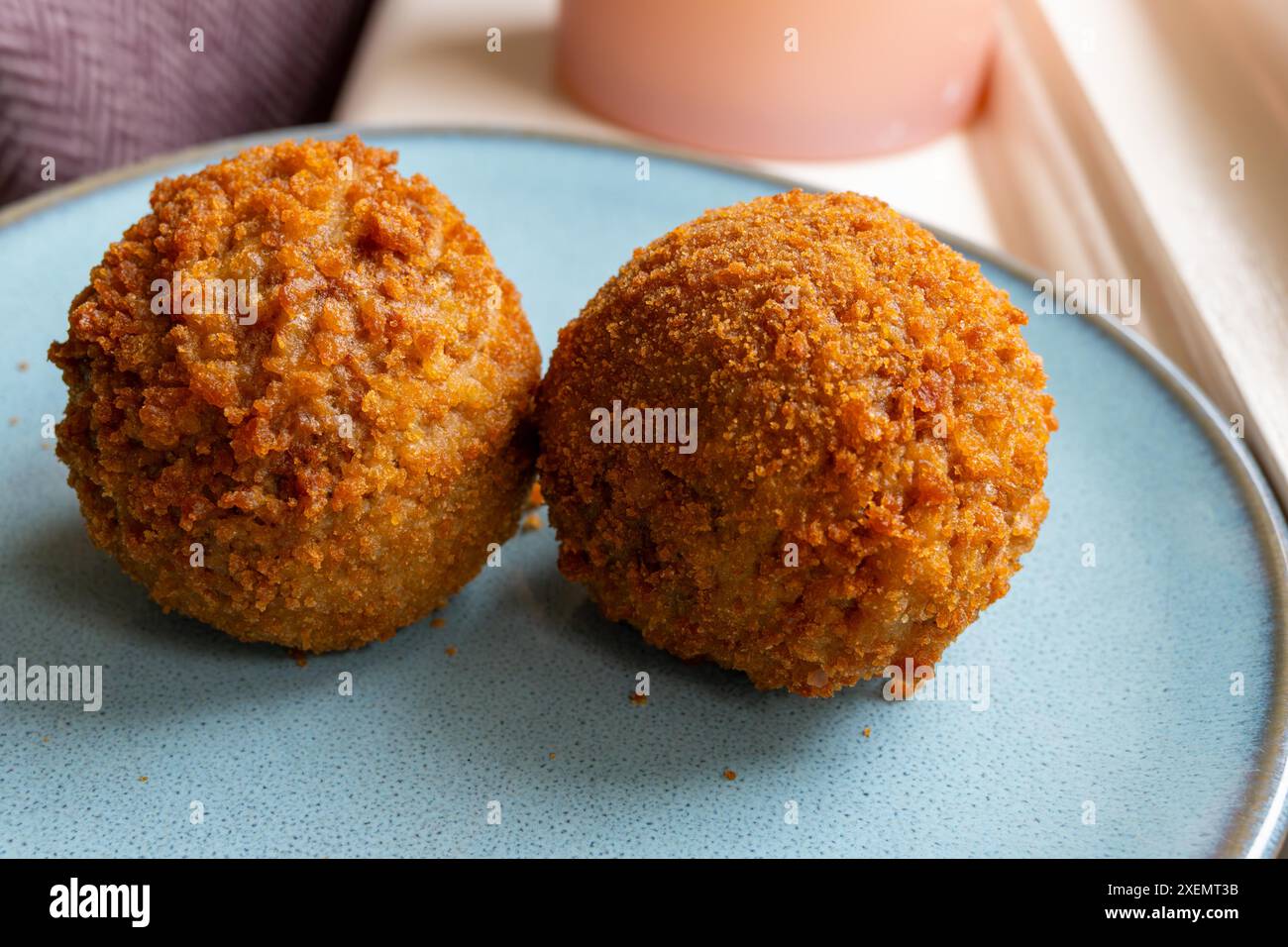Traditional street food in UK, stuffed fried hot Scotch eggs with ...
