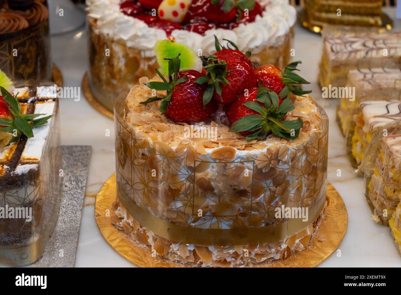 Classic biscuit tart with white whipped butter cream, fresh strawberry ...