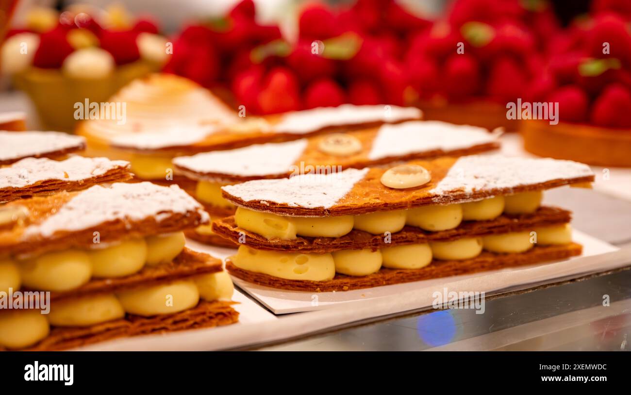 Portion of french mille-feuille cake, vanilla or custard slice ...