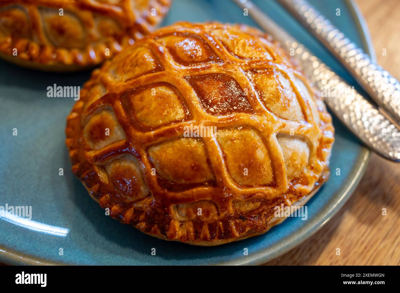 Fresh baked in oven mini pulled chicken wellington pies, Britisch ...