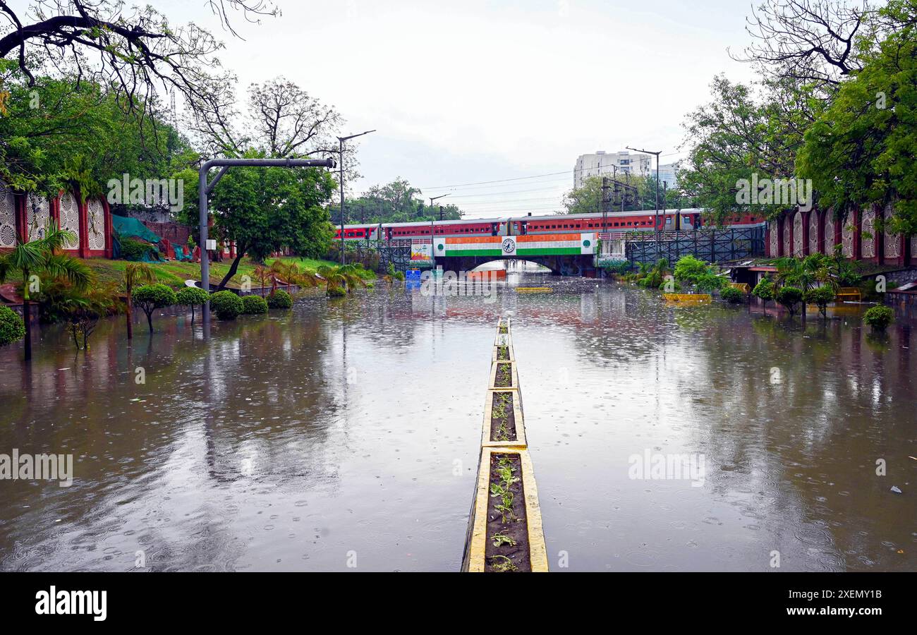NEW DELHI, INDIA - JUNE 28: A Truck is stuck in logged water under Minto Bridge near Connaught ...