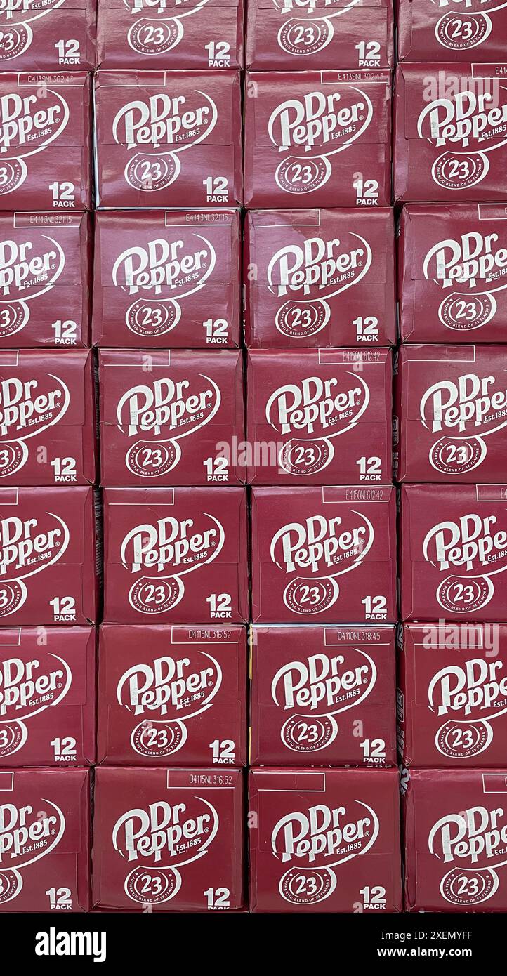 Indianapolis - June 28, 2024: Dr Pepper soft drink cases on display at ...