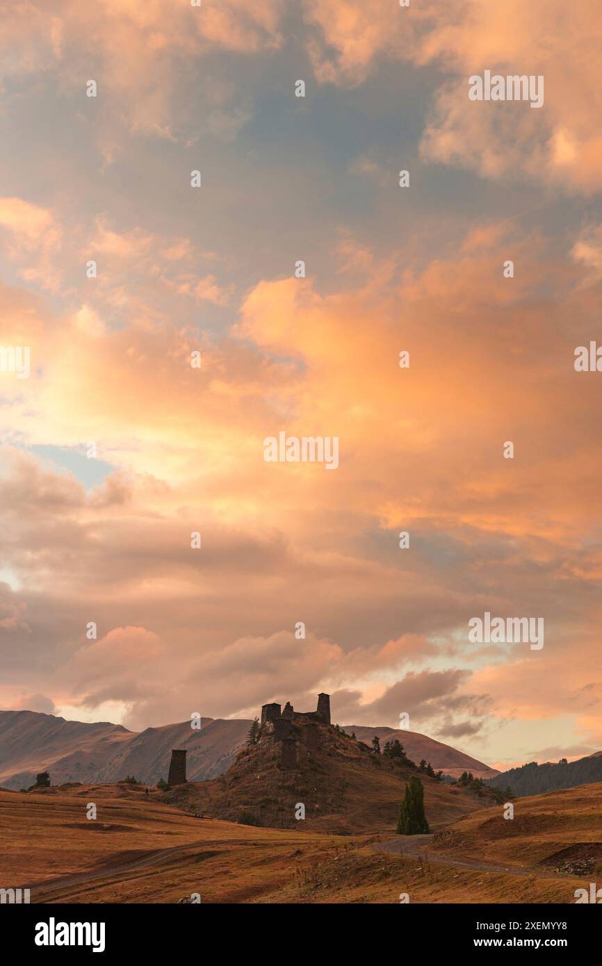 Tusheti National Park at sunset, with Keselo, a medieval fortress just ...
