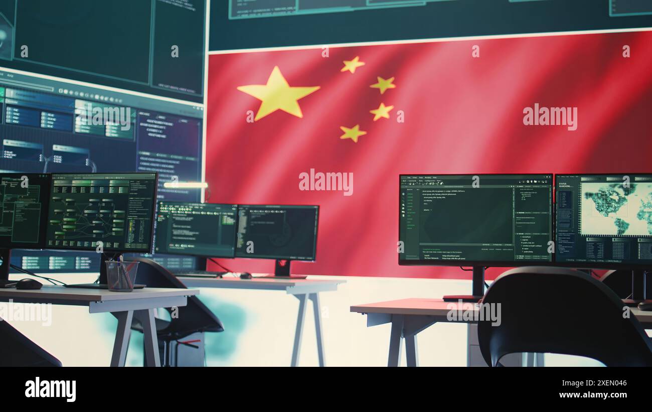 Empty governmental hacking room with chinese flag on a big screen ...