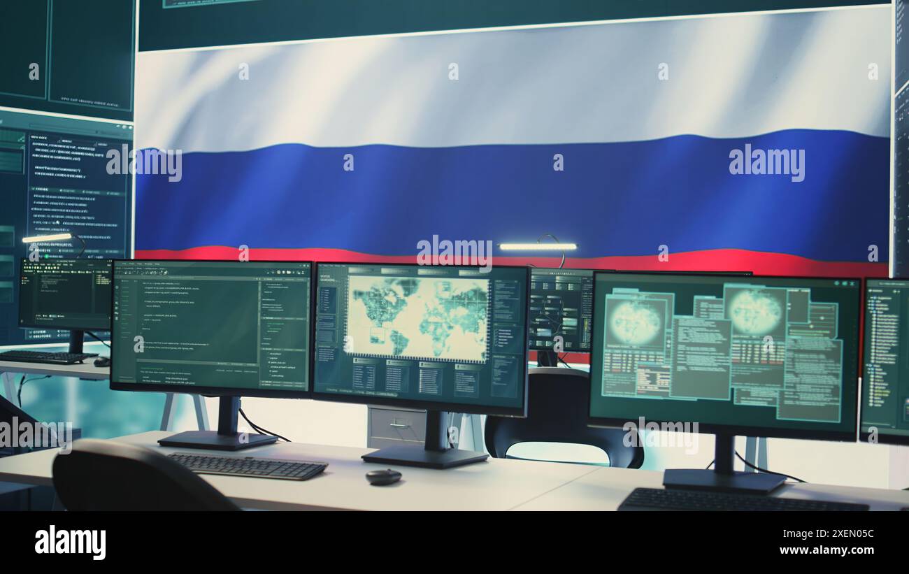 Empty autocracy cyber defense room with Russian flag running on big ...