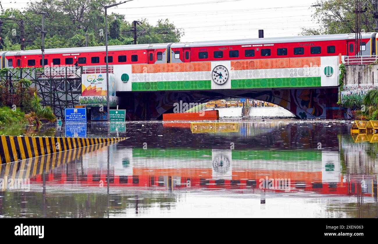 NEW DELHI, INDIA - JUNE 28: A Truck is stuck in logged water under Minto Bridge near Connaught ...