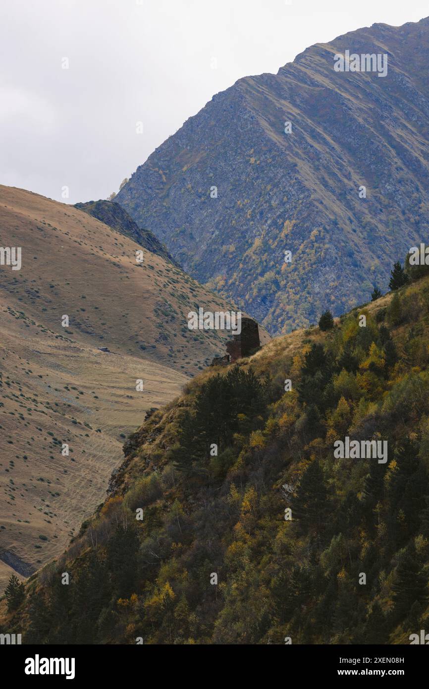 Mountainous landscape with historic ruins in Tusheti National Park ...