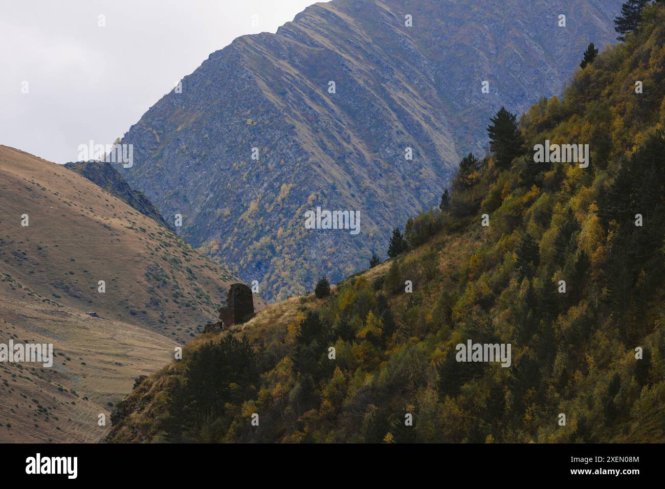 Mountainous landscape with historic ruins in Tusheti National Park ...