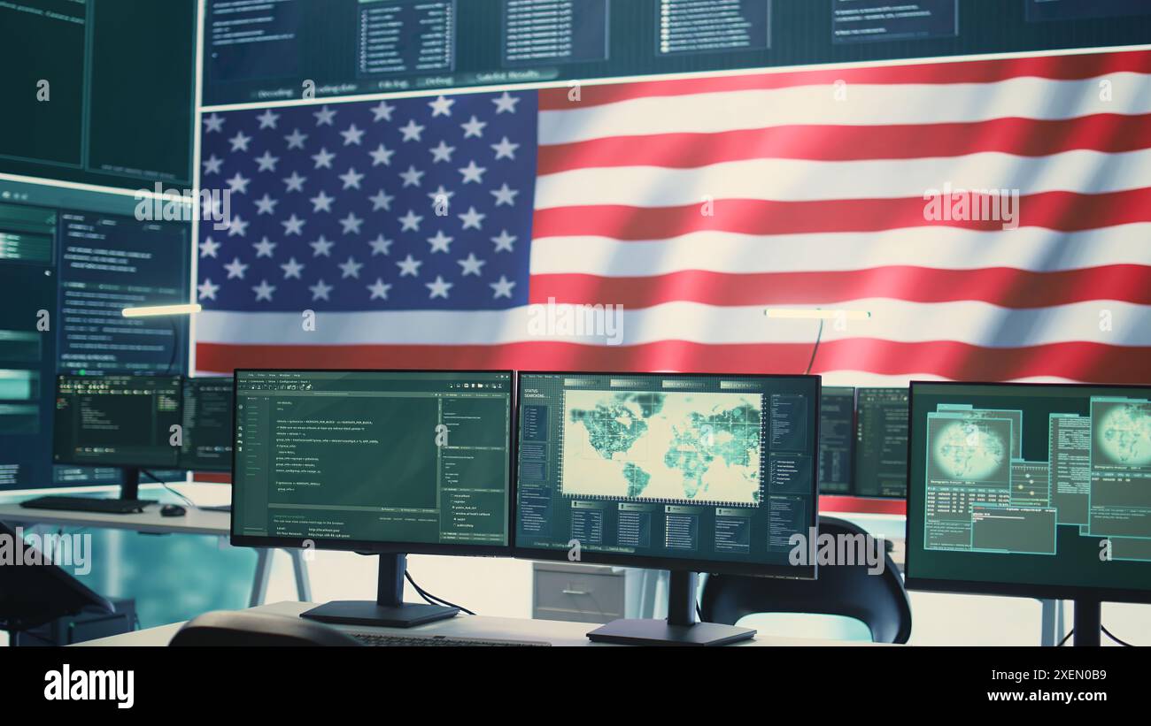 Governmental tech room showing an USA flag on big screen, showcasing ...
