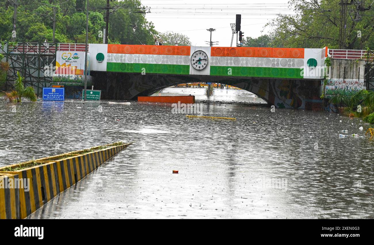 NEW DELHI, INDIA - JUNE 28: A Truck is stuck in logged water under Minto Bridge near Connaught ...