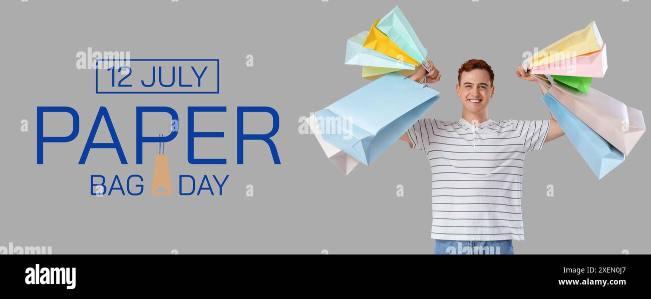 Banner for Paper Bag Day with happy man holding shopping bags Stock ...