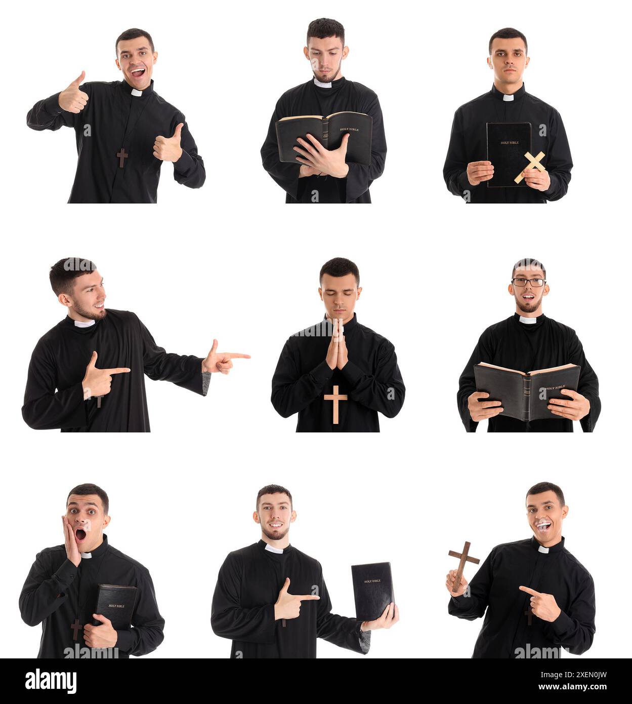Set of young priests on white background Stock Photo - Alamy