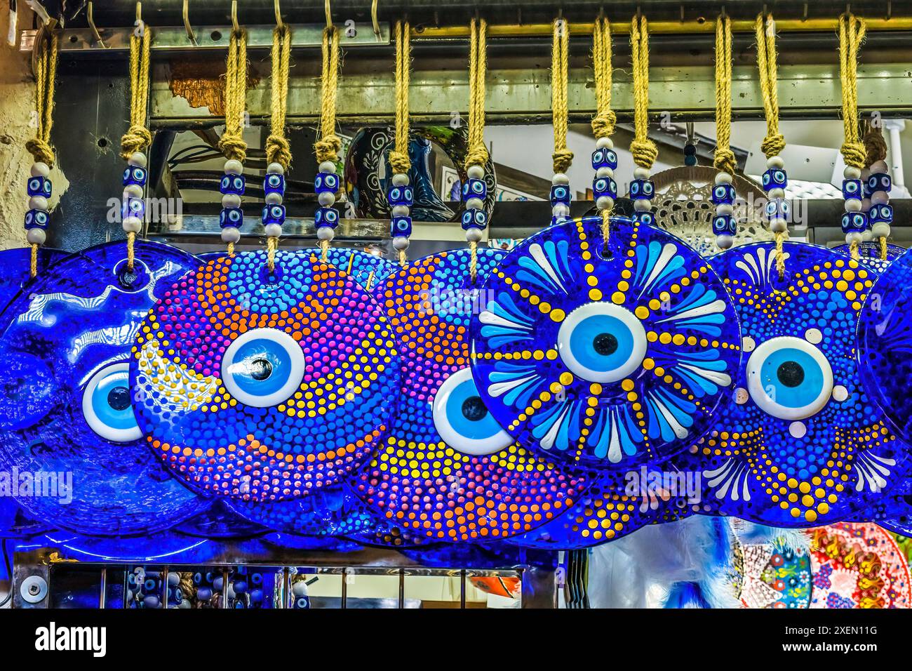 Colorful blue evil eye charms, Grand Bazaar, Istanbul, Turkey. Evil Eye ...