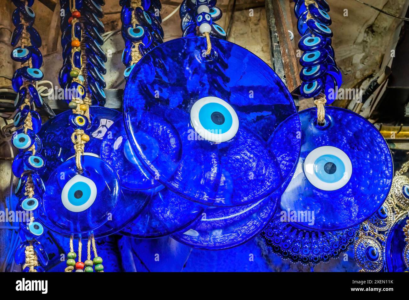 Colorful blue evil eye charms, Grand Bazaar, Istanbul, Turkey. Evil Eye ...