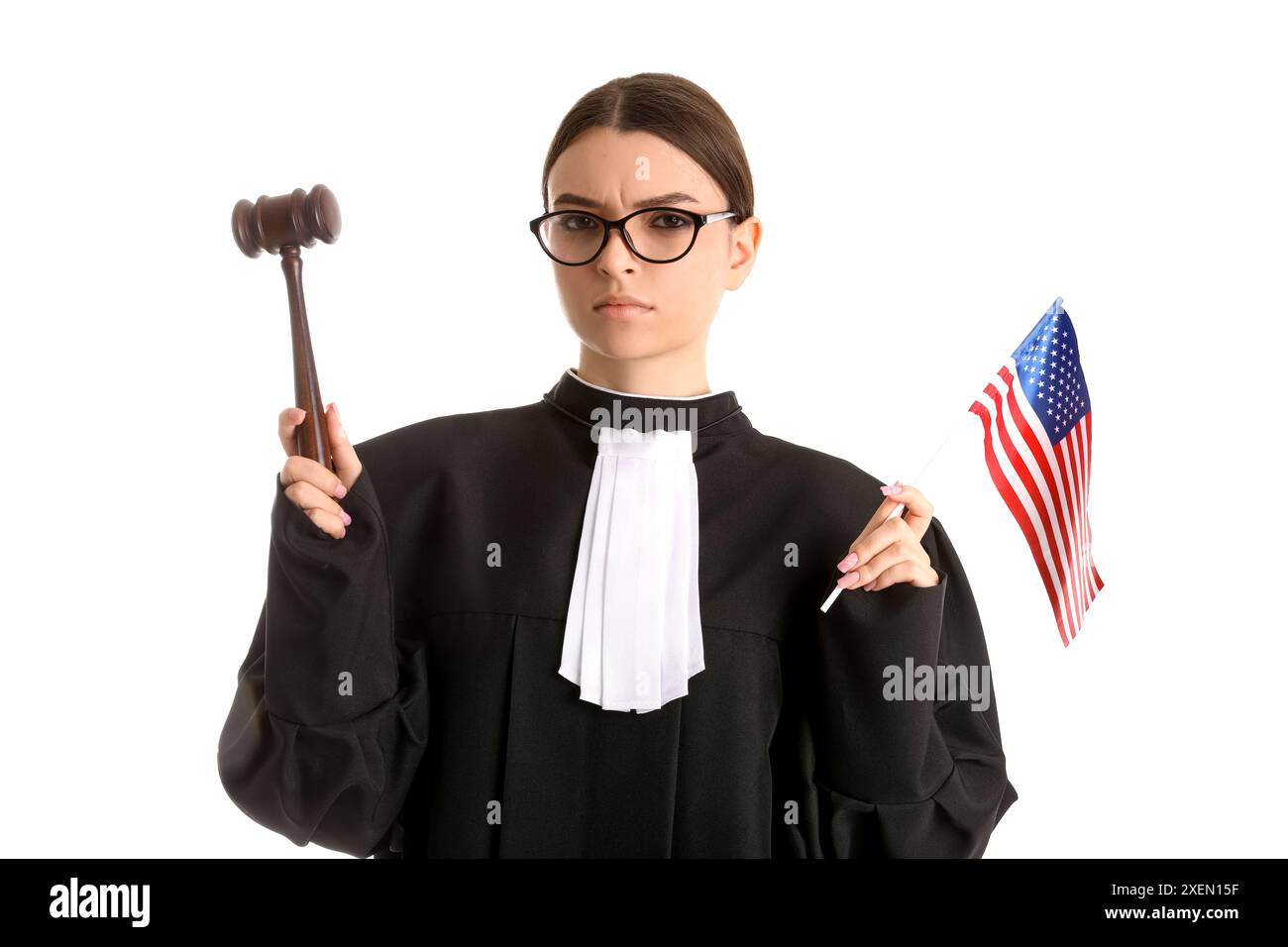 Female judge with gavel and USA flag on white background Stock Photo ...