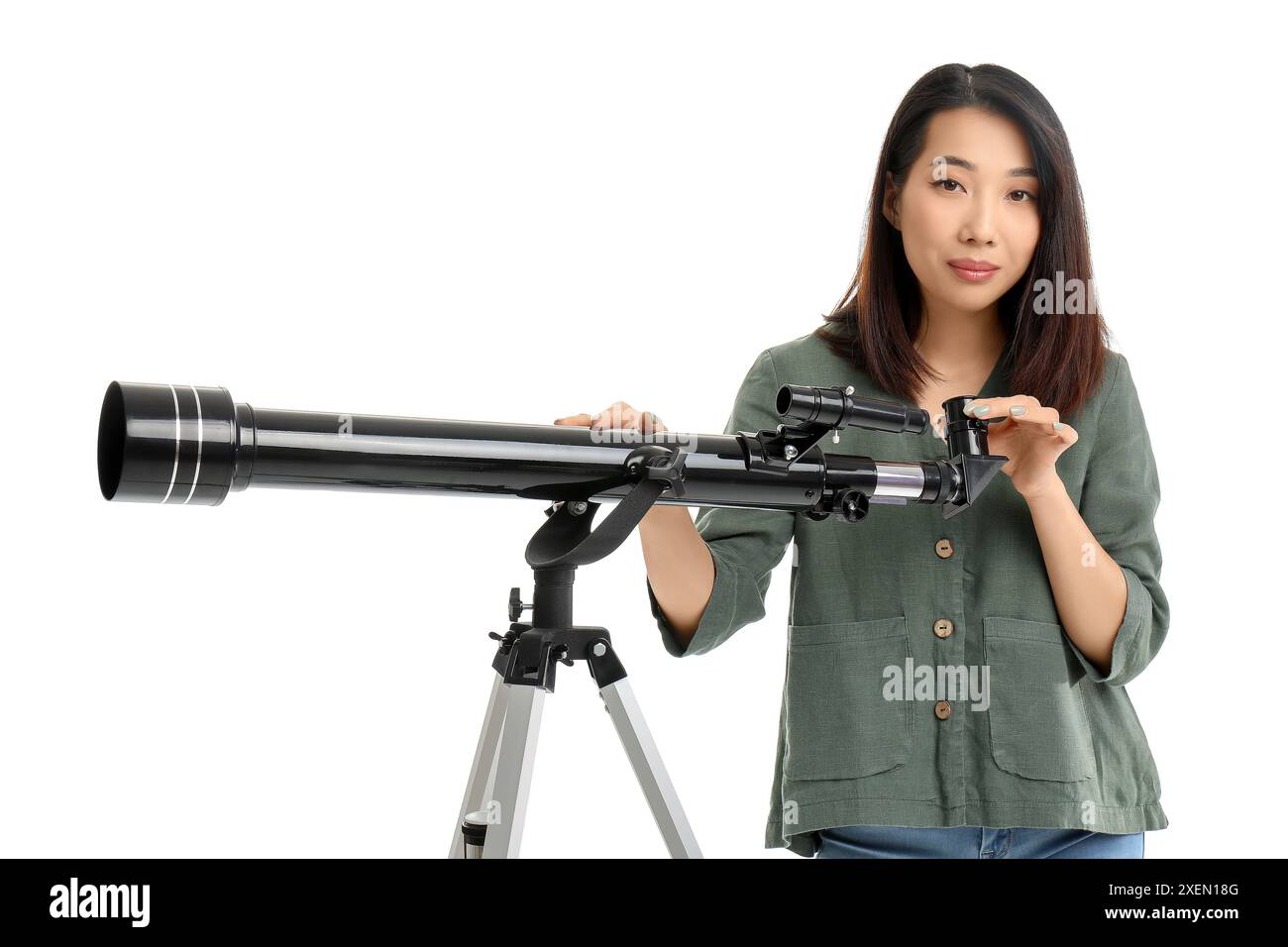 Young Asian woman with telescope on white background Stock Photo - Alamy