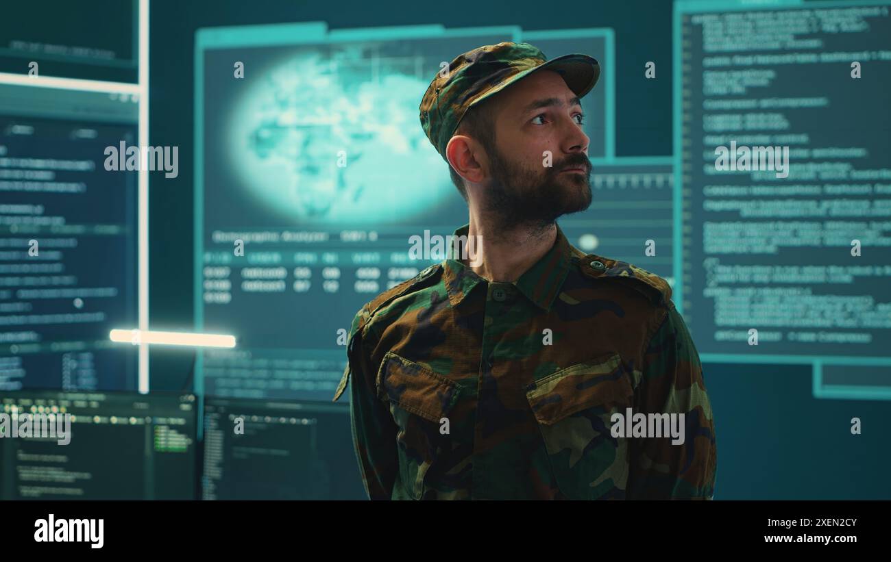 Military hackers in a secret service cyber operations room working on ...