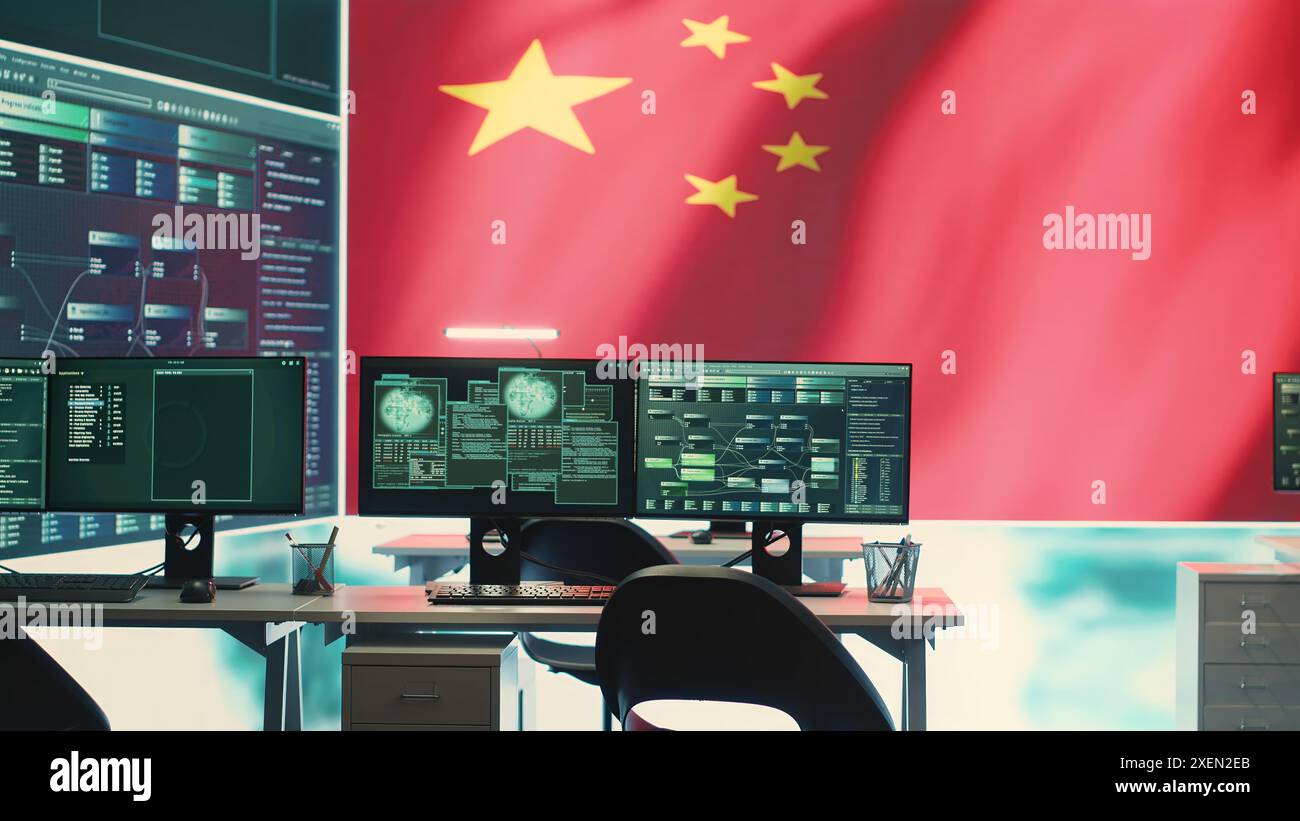 Empty Governmental Hacking Room With Chinese Flag On A Big Screen Cyberwarfare And