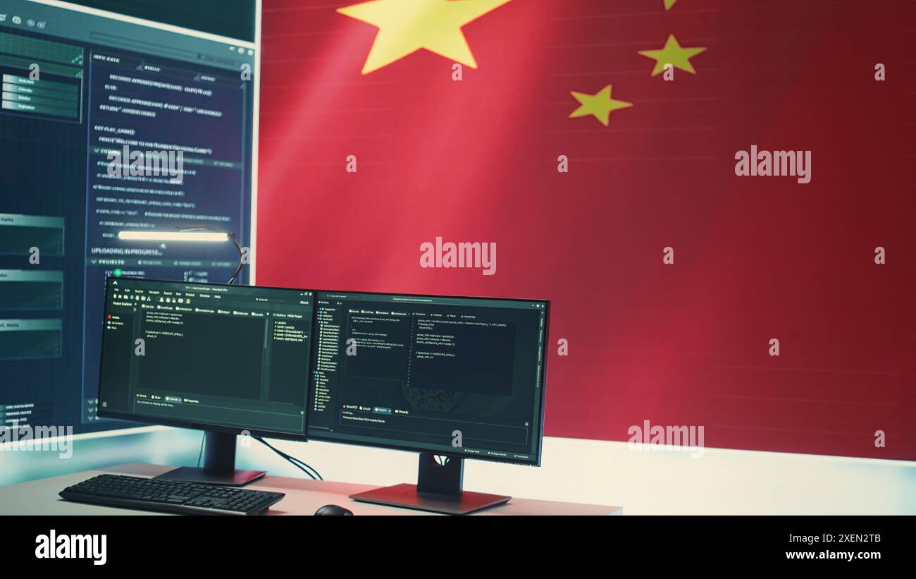 High tech surveillance room featuring a Chinese flag on big screen ...