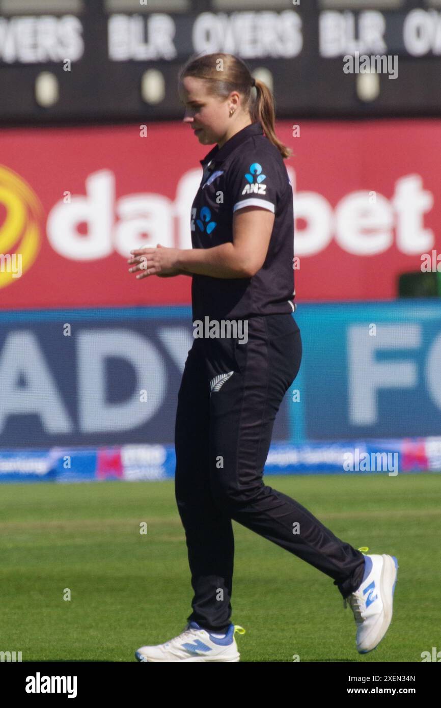 Chester le Street, 26 June 2024. Jess Kerr bowling for New Zealand ...